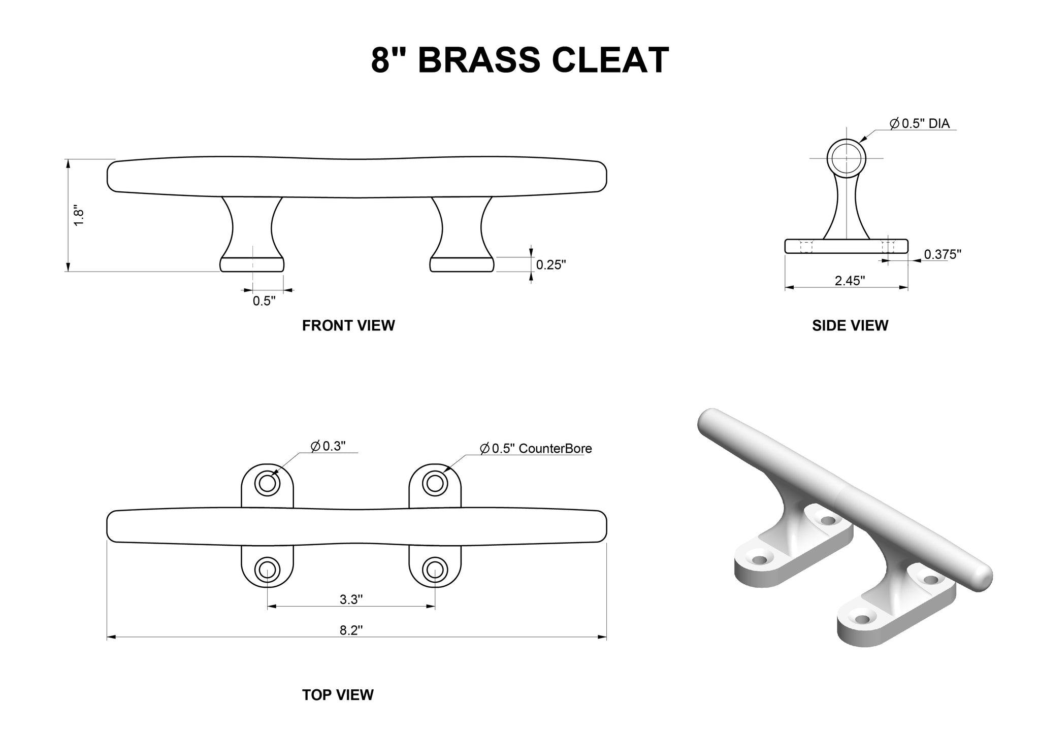 8 Inch Nickel Plated Brass Cleat – Yacht Cleats